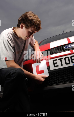 learner driver putting L plates on a ford fiesta ST Stock Photo - Alamy