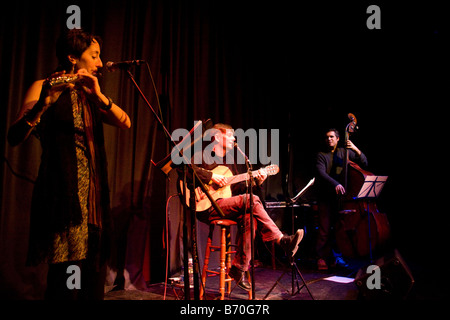 Acoustic trio band performing on a stage in a nightclub, with the ...