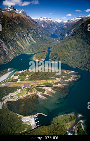 Aerial view of Milford Sound (village), the terminus of State Highway ...