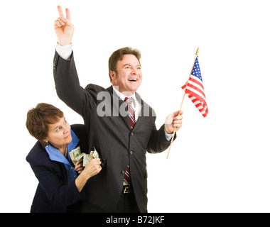 Politician taking bribe from woman on dark background. Corruption ...
