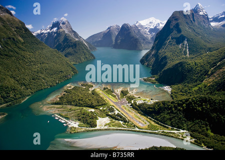Aerial view of Milford Sound (village), the terminus of State Highway ...