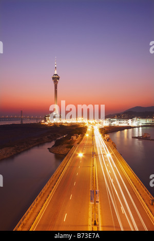 Sunny view of the famous Macau tower at Sai Van Lake, Macau, China ...