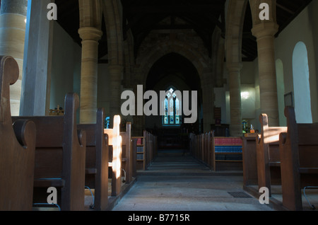 Beautiful church with oak pulpits, stained glass windows and pillows ...