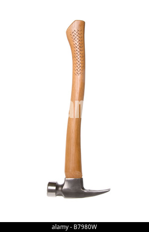 New hammer with wooden handle on light blue background, top view. Space ...