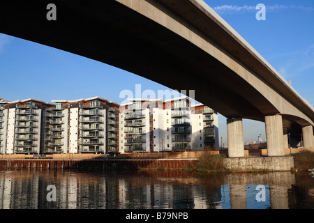 The A4055 road bridge crossing the River Ely in Cardiff Bay Wales, with ...