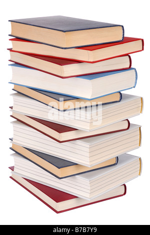 Tall stack of books, book tower with blank black covers but top book is ...