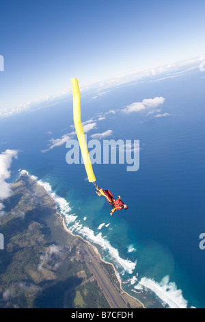 Skydive tube jump over Oahu, Hawaii, USA. Groupe is flying around Stock ...