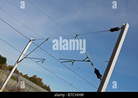 overhead electricity wires on rail track at liverpool south parkway ...