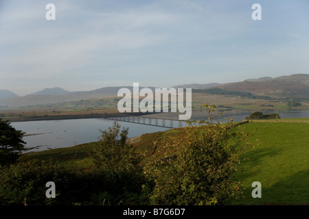 Foot bridge over Llyn Trawsfynydd from the village of Trawsfynydd ...
