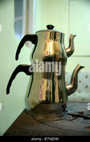 Traditional Turkish double tea pot in a national breakfast restaurant ...