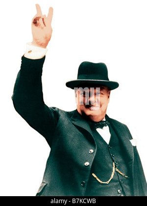 WINSTON CHURCHILL gives his famous V for Victory sign in 1945 outside ...