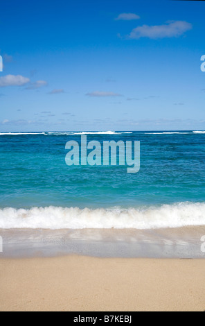 Sandy beach on calm sea. Calm sea cloudy weather. Smooth waveless sea ...