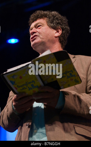 Brian Patten Liverpool poet reading his work on stage at Hay Festival ...