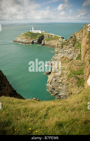 South Stack island and lighthouse seen from Holyhead with flowering ...
