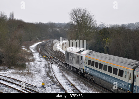 Wrexham and Shropshire Railways train in winter, Warwickshire, England ...