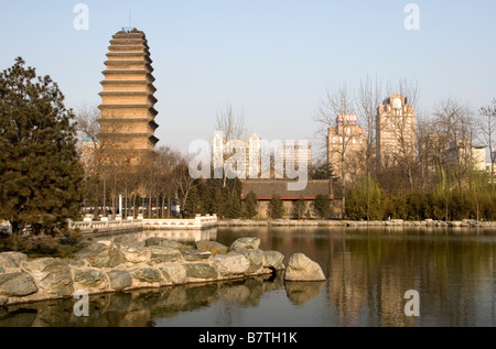 The Small Goose Pagoda set in park with water features in Xian in China ...