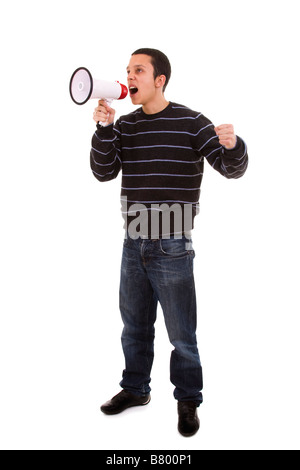 young men shouting at the megaphone (selective focus Stock Photo - Alamy