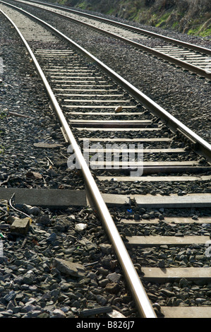 Detail of points on railway line electrified using third rail system ...
