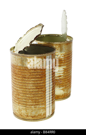 Open old metal tin cans isolated on white background. High resolution ...