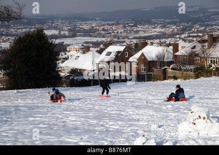 people sledging in Chesterfield Derbyshire after heavy snowfall England ...