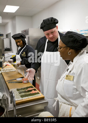 Sushi chef, restaurant worker and woman with smile from food and Asian ...