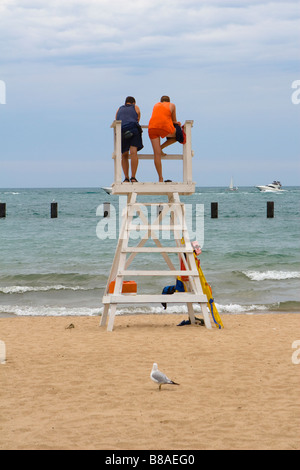 Lifeguards on duty at a beach on Lake Michigan near Lincoln Park ...
