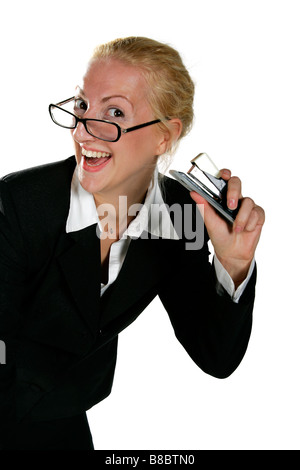 domineer young lady command stationery paper stapler against stapler ...