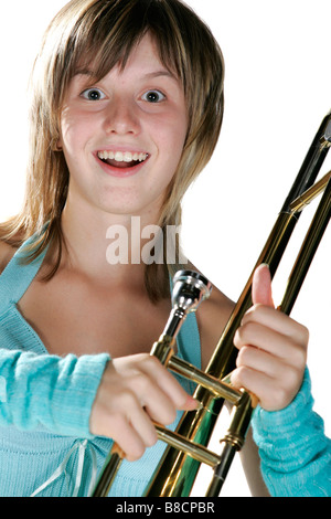 Trombonist childhood children white practicing length studio young ...