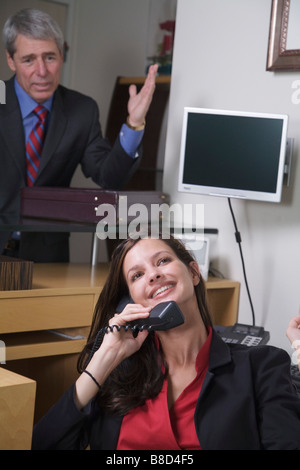 Anger, receptionist and people at front desk of hotel for frustrated ...
