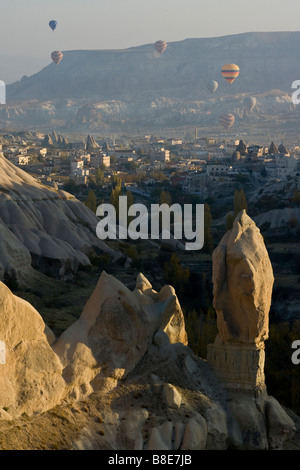 Goreme, Turkey - Mountain landscape with hot air balloons in Goreme ...