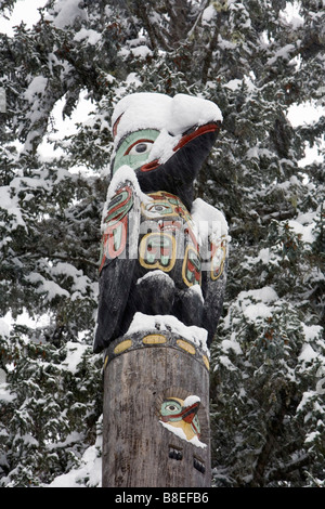 Raven figure on Tlingit totem pole in the Atrium of the Anchorage ...