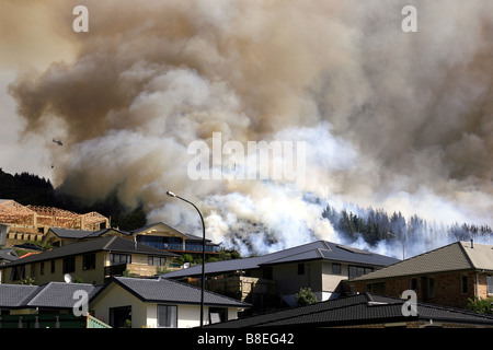 helicopters with monsoon buckets fighting a bush fire raging in forest ...