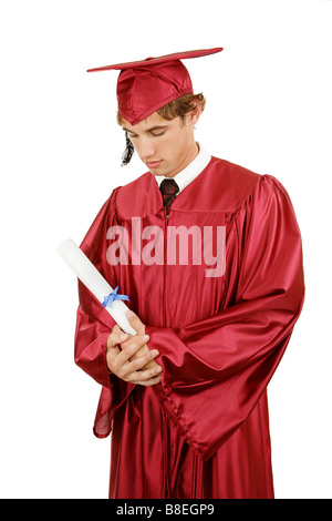 Sad graduate student holding diploma and a cloud floating over his head ...