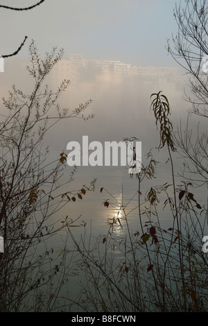 fog and sun breaking through the river Stock Photo - Alamy