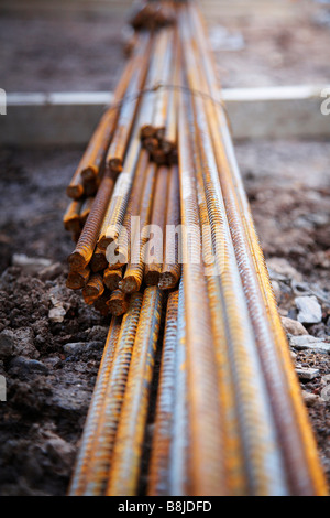 Closeup of concrete reinforcement steel rods in warehouse. Steel rods ...