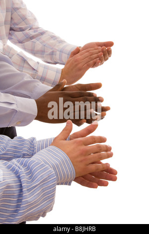 multiracial hands clapping together isolated on white selective focus ...