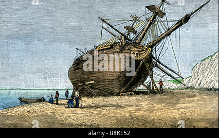 HMS 'Beagle', the ship in which Charles Darwin sailed, in the Straits ...