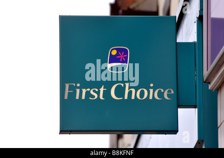 the shop logo sign of " first choice " holiday travel company, england ...