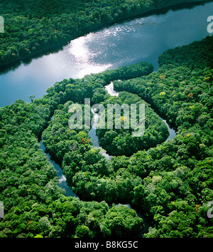 Aerial of winding river, tributary of Amazon River, in tropical ...