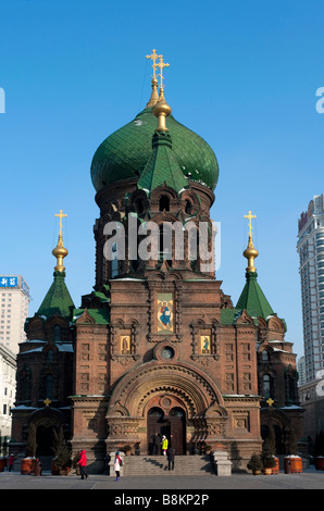 China, Heilongjiang, Harbin, Church of St. Sofia,red-brick facade of ...