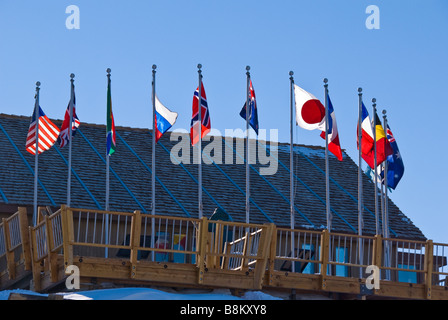 Flags of original Antarctic Treaty nations fly at the Chalet, McMurdo ...