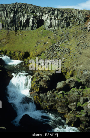 Waterfall below Snaefellsjökull near Olafsvik, Snaefellsness peninsular ...
