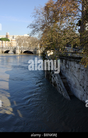 Rome. Italy. High water levels of the Tiber river flood the footpath ...