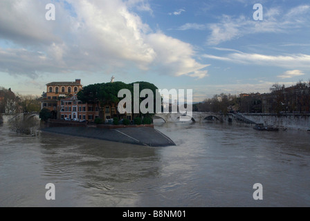 Rome. Italy. High water levels of the Tiber river flood the footpath ...