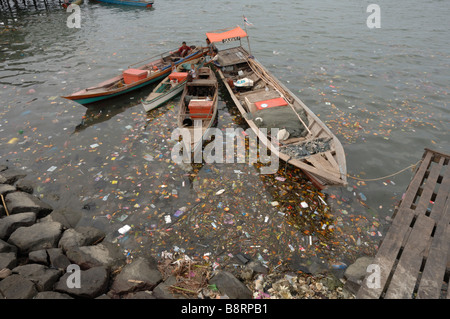 Litter pollution in harbour Semporna Sabah Malaysia Borneo South east ...