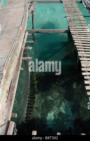 Suluk fish pen alongside house on stilts on reef flat Semporna Sulu Sea ...