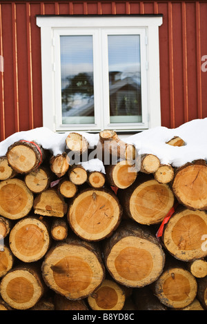 A stack of firewood in front of a house entrance with flower pots ...