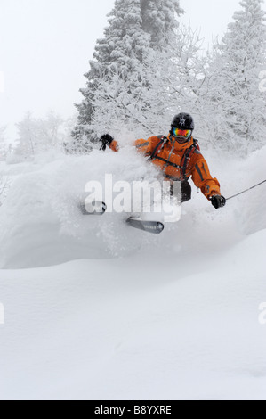 Skier in deep snow during snowfall, ski tour to Rauhkopf, Bavarian ...