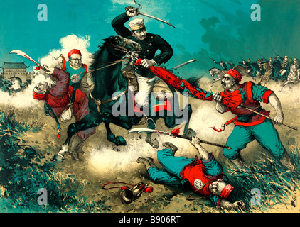 The Japanese cavalry advancing through fields toward a walled city in ...