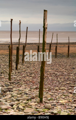Tidal markers at low tide on the beach at Minehead at dusk Exmoor ...